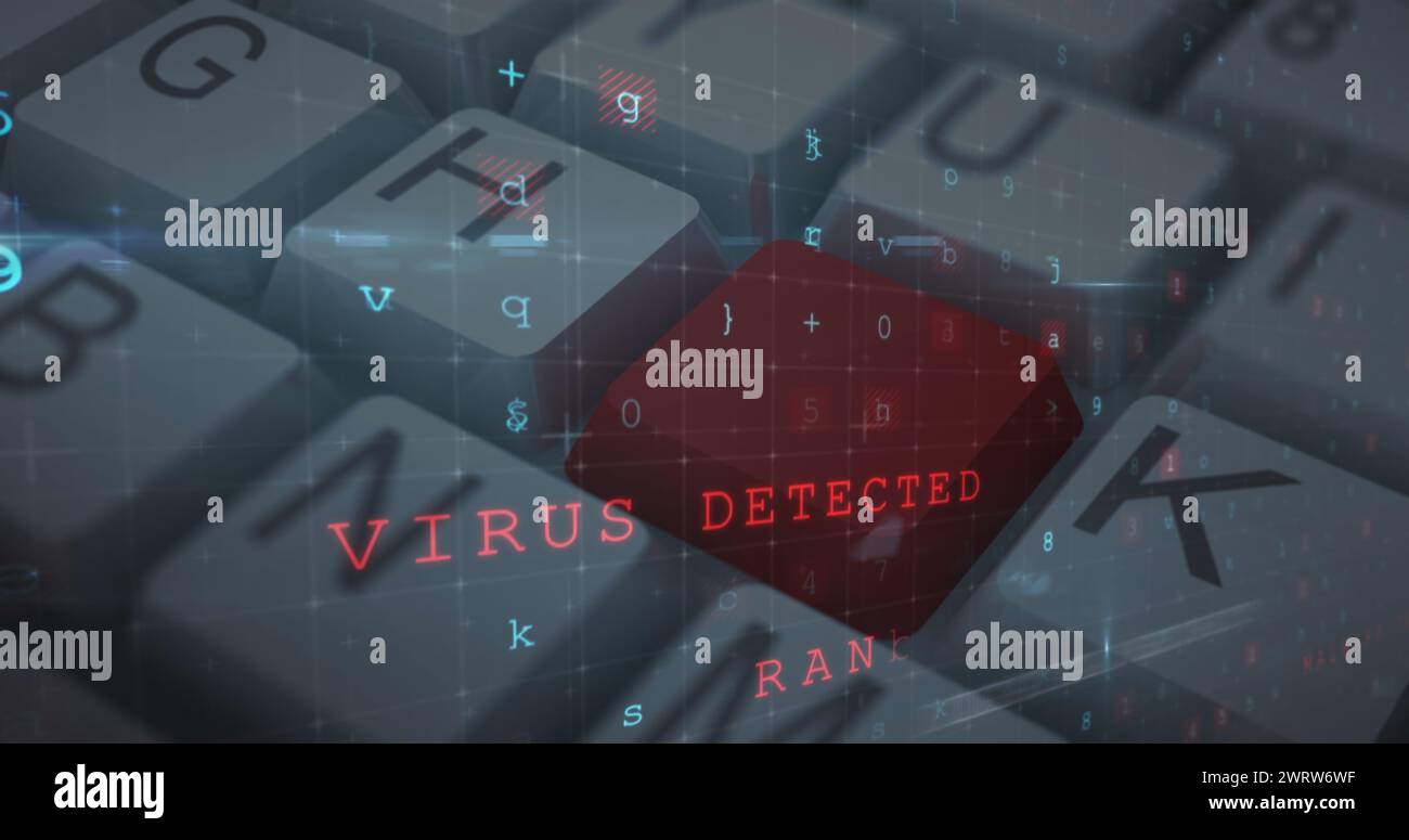 Image of cyber attack warning text over computer keyboard with red key ...