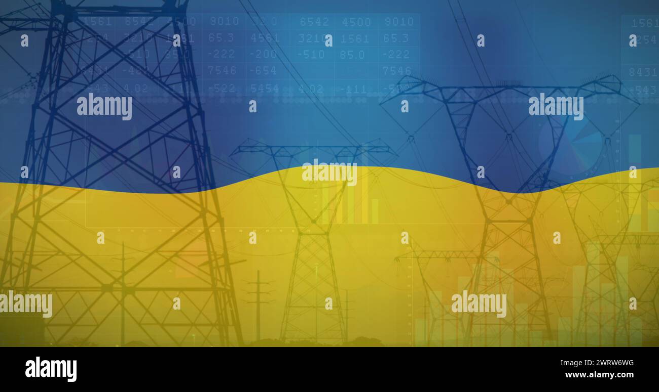 Image of flag of ukraine over field and electricity poles Stock Photo ...