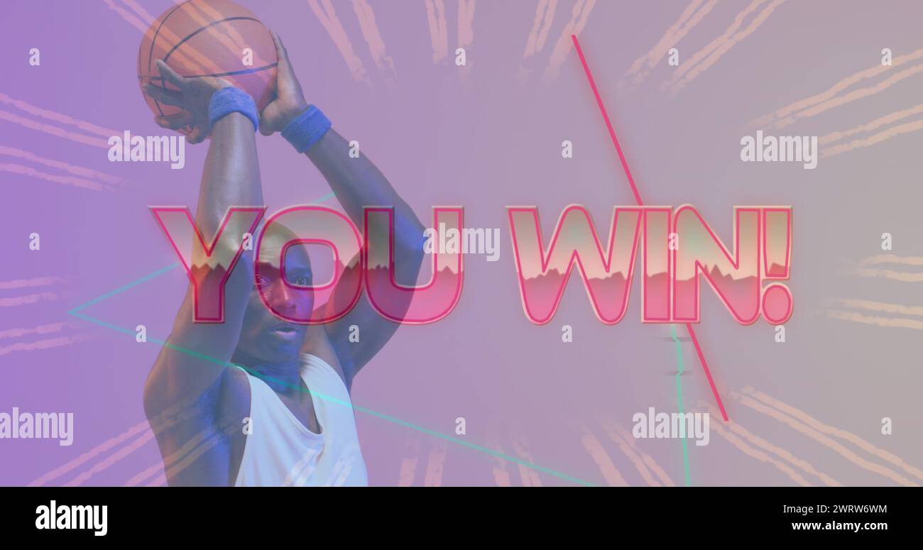 Image of you win text over neon pattern and african american basketball ...