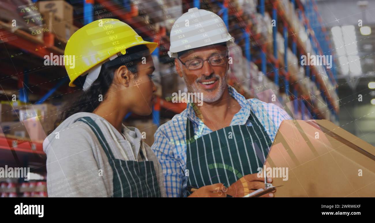 Image of data processing over people working in warehouse Stock Photo ...