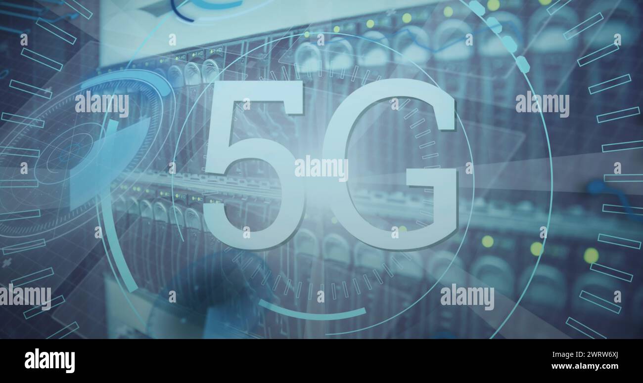 Image of 5g text, scopes scanning and data processing over server Stock Photo - Alamy
