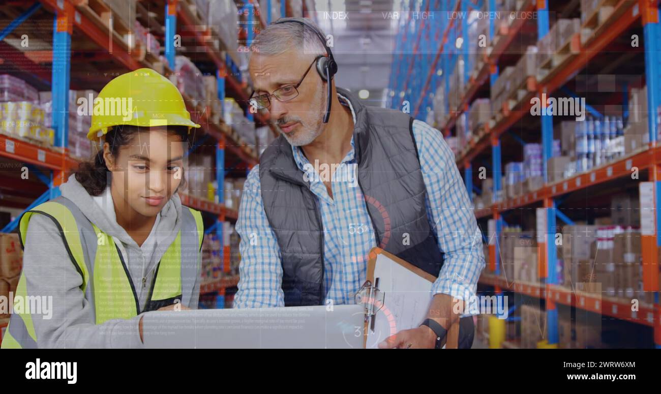 Image of data processing over people working in warehouse. global ...