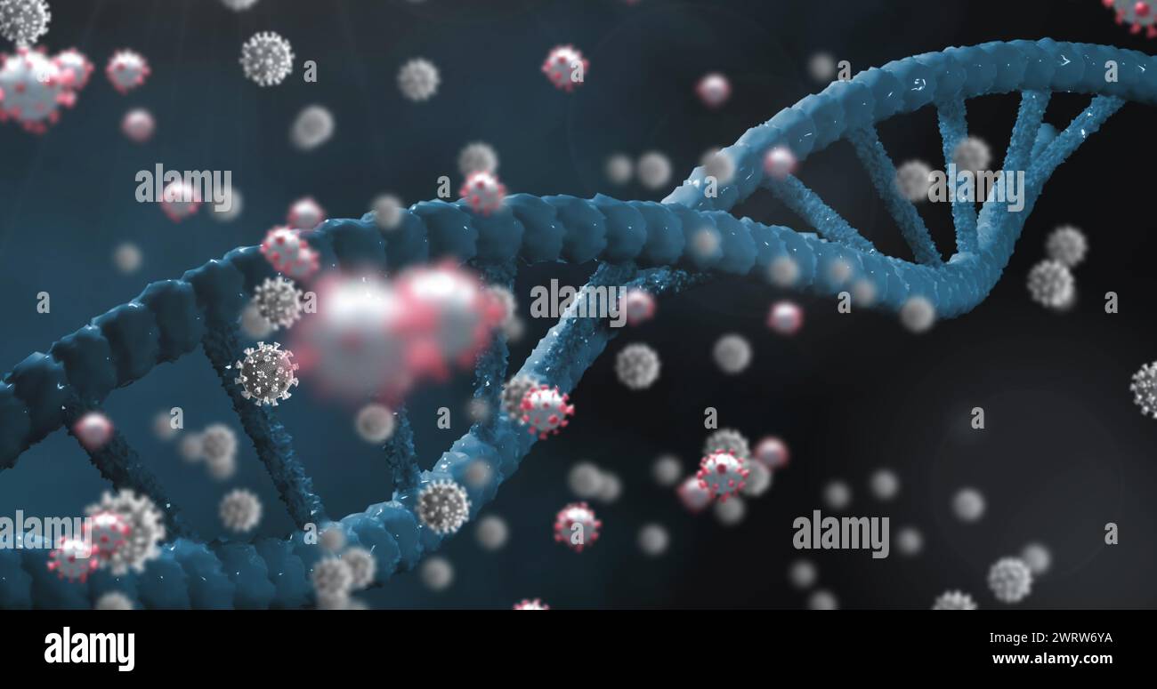 Covid-19 cells floating over dna structure spinning against blue ...