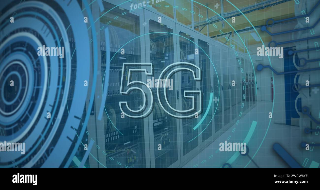 Image of 5g text, scopes scanning and data processing over servers Stock Photo - Alamy