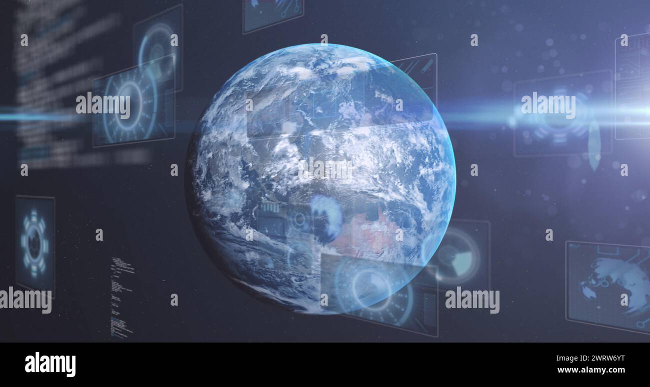 Image of data processing over earth in universe on blue background ...