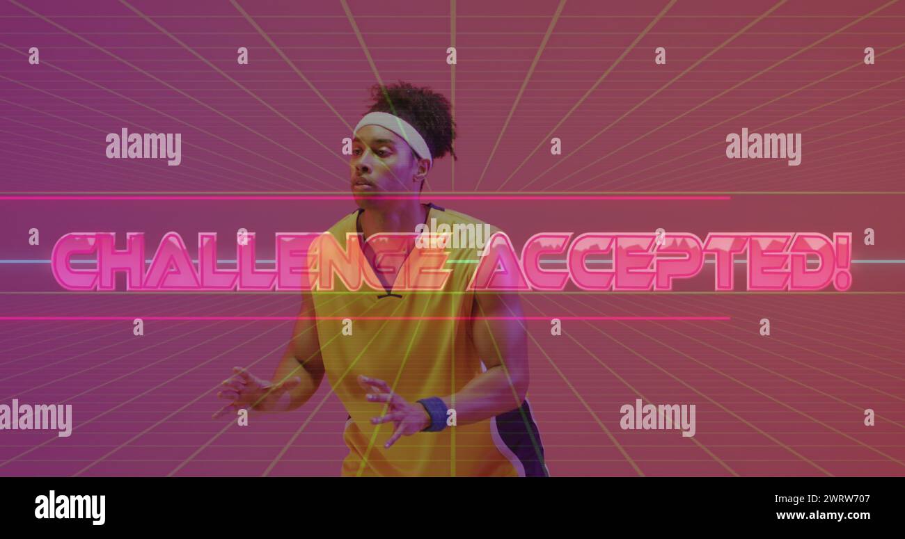 Image of challenge accepted text over neon pattern and biracial ...