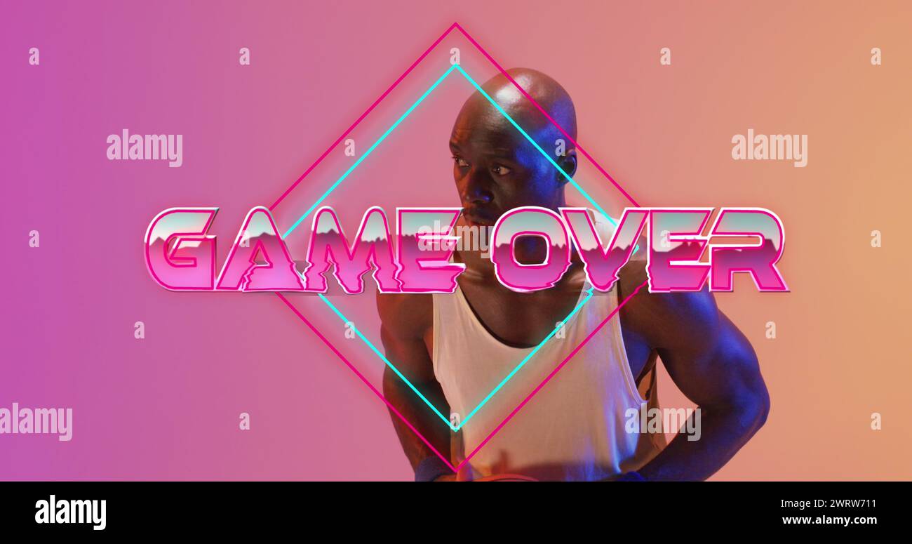 Image of game over text over neon pattern and african american ...