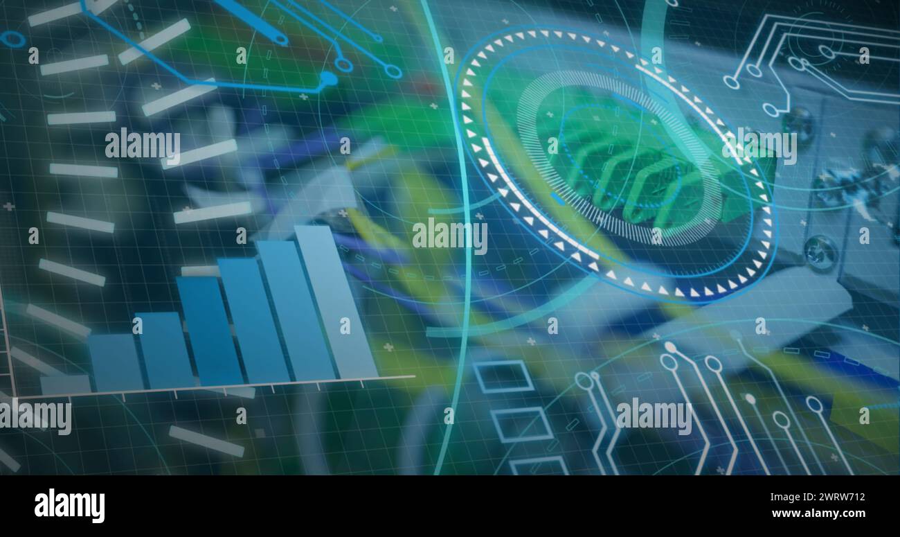 Image of 5g text, scopes scanning and data processing over server Stock Photo - Alamy