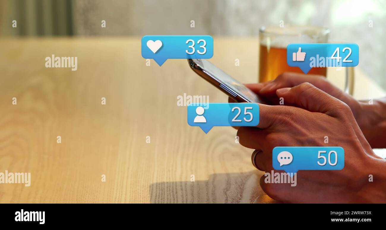 Image of social media icons falling over person using smartphone Stock ...
