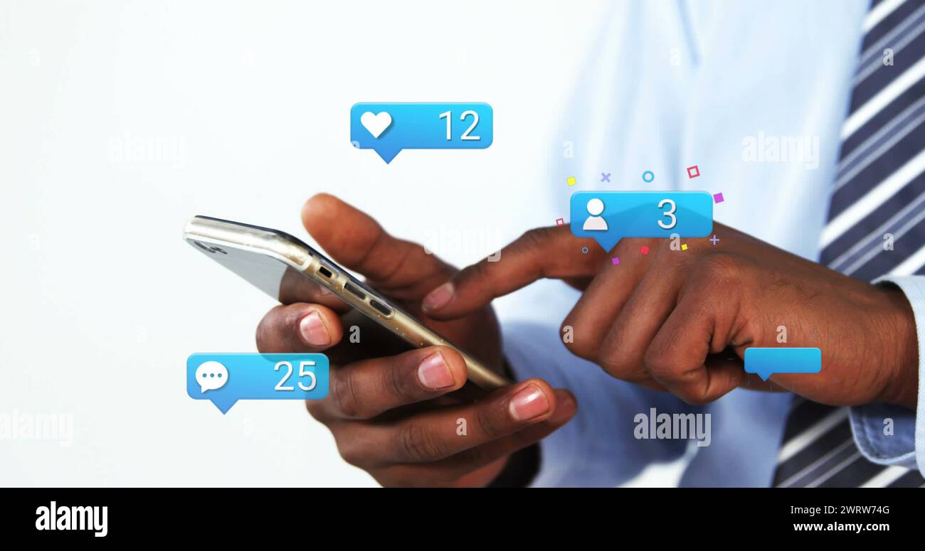 Image of social media icons falling over person using smartphone Stock ...