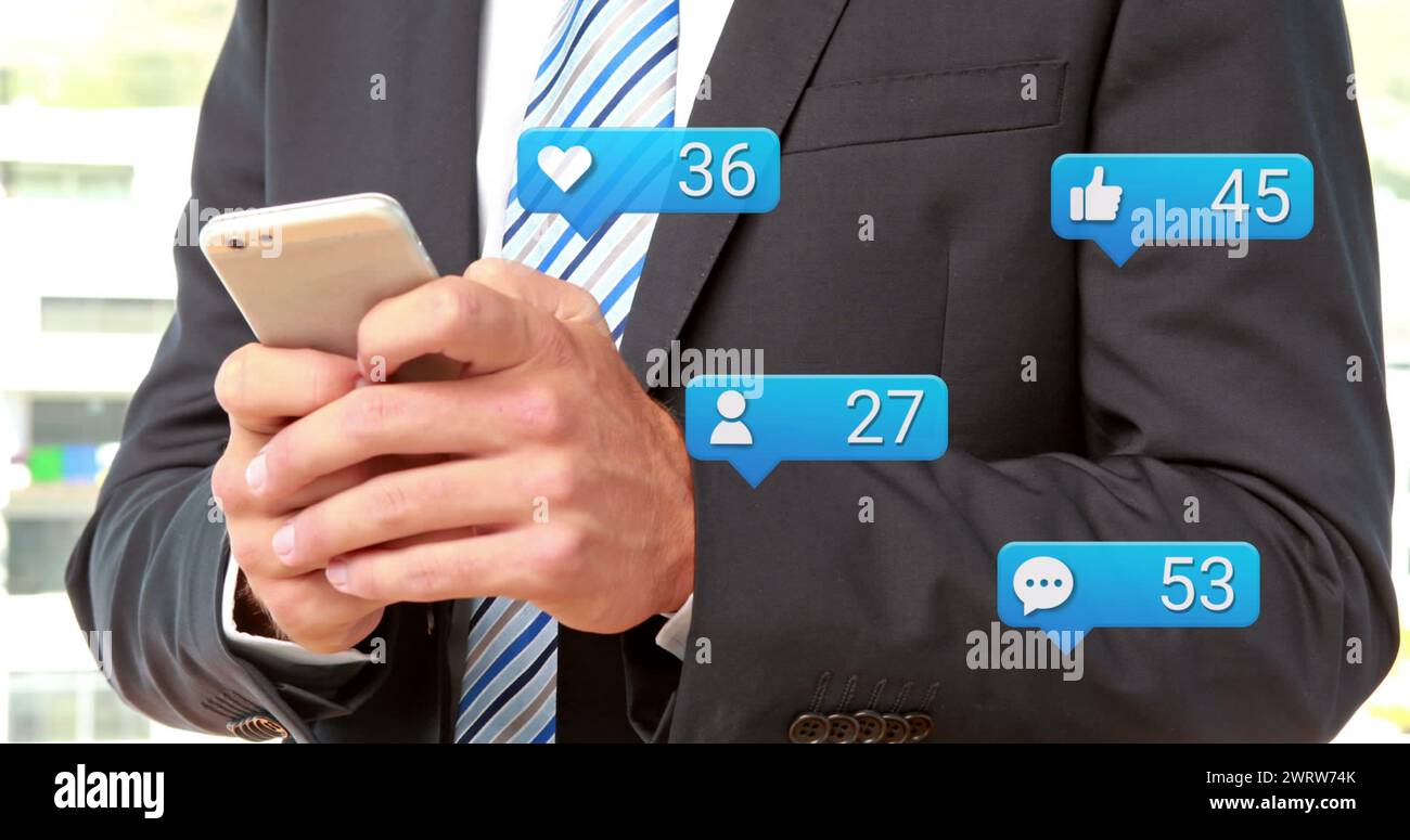 Image of social media reactions over hands of caucasian businessman ...