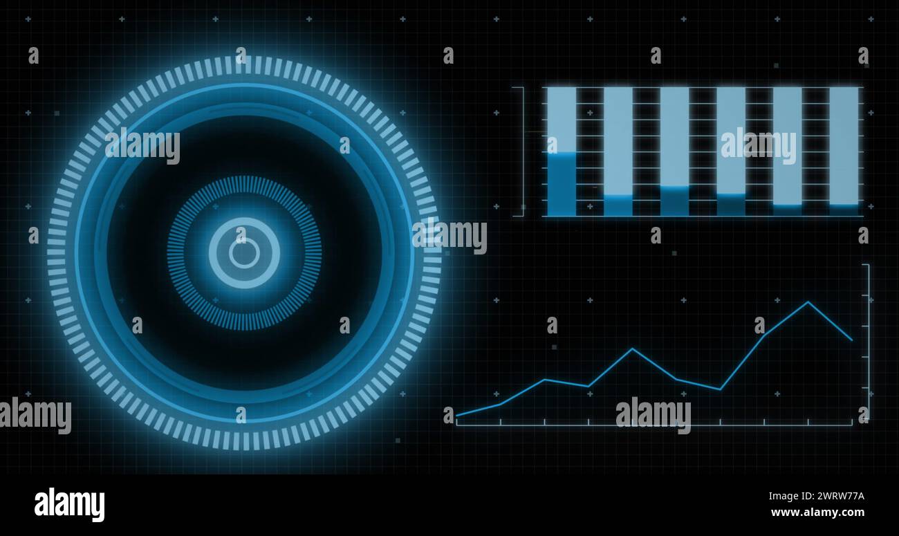 Image of rotating safe lock with graphs and data processing on black ...
