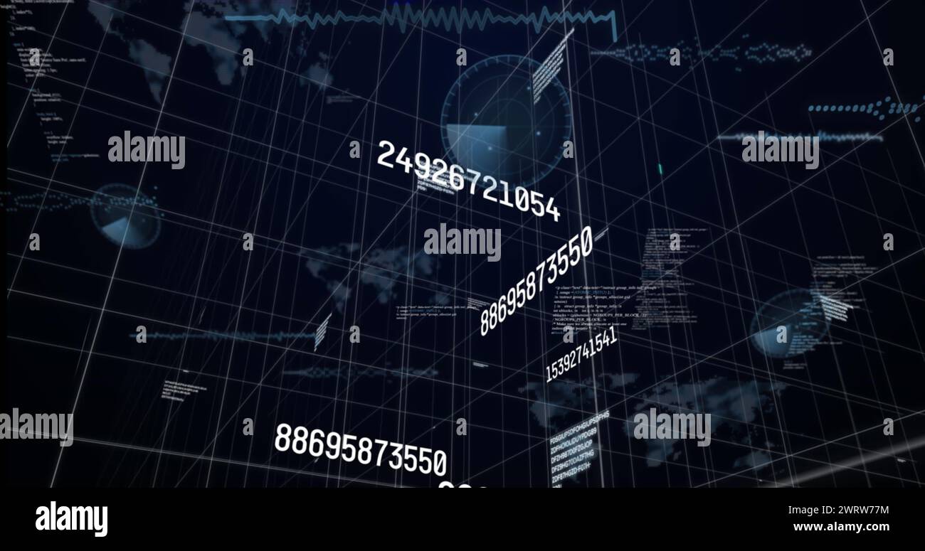 Image of numbers changing and data processing on black background Stock ...