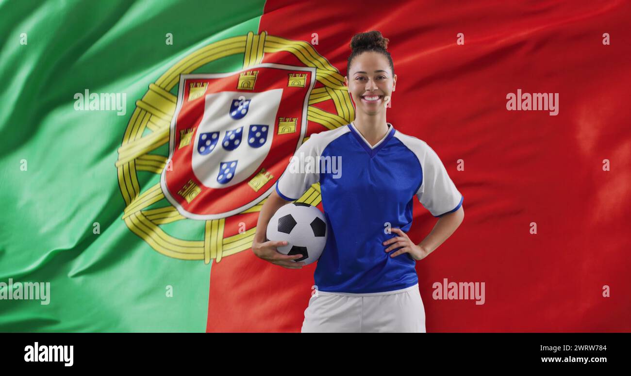 Image of biracial female soccer player over flag of portugal Stock ...