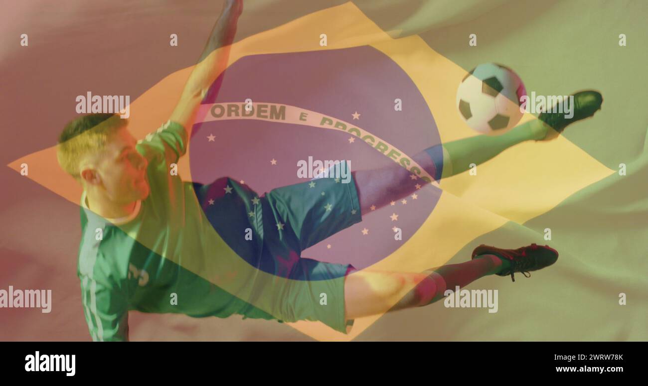 Image of caucasian male soccer player over flag of brazil Stock Photo ...