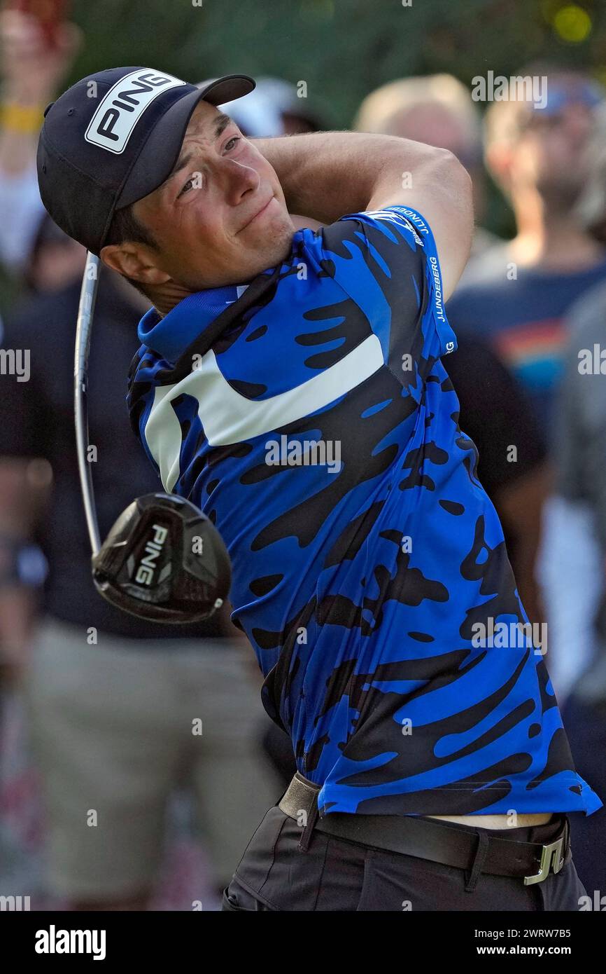 Viktor Hovland, of Norway, tees off on the 15th hole during the first round of The Players ...