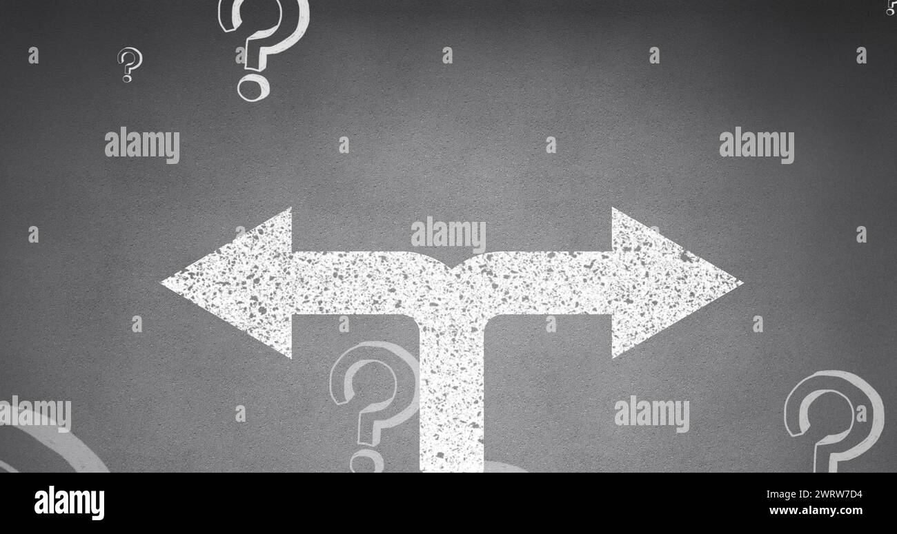 Image of question marks over arrows on grey background Stock Photo - Alamy