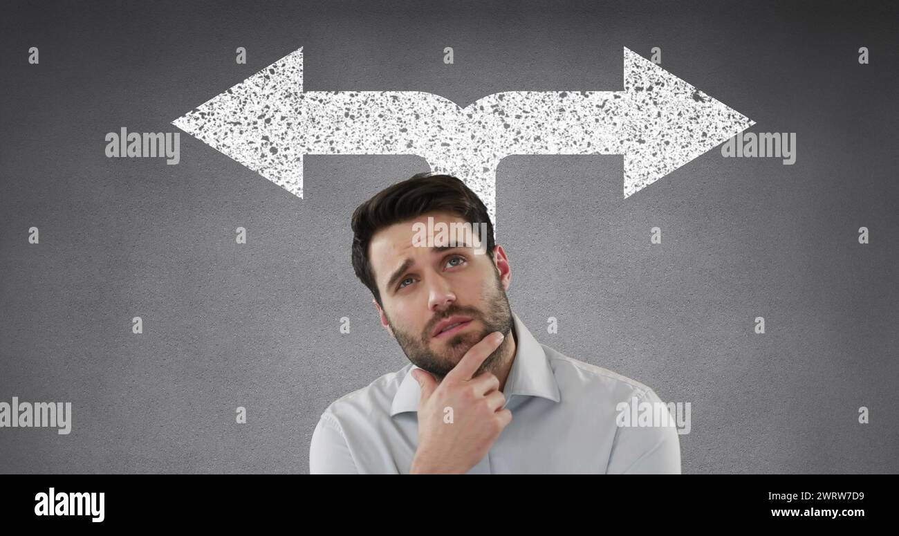 Image of caucasian man thinking over arrows on grey background Stock ...
