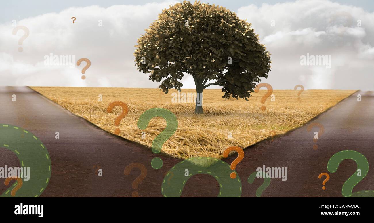 Image of question marks over landscape with tree and road Stock Photo ...