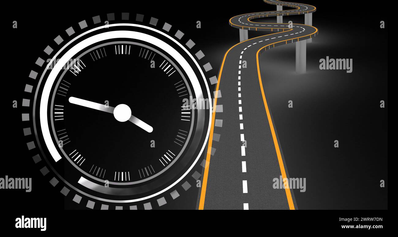 Image of clock over road on black background. transport, traffic ...