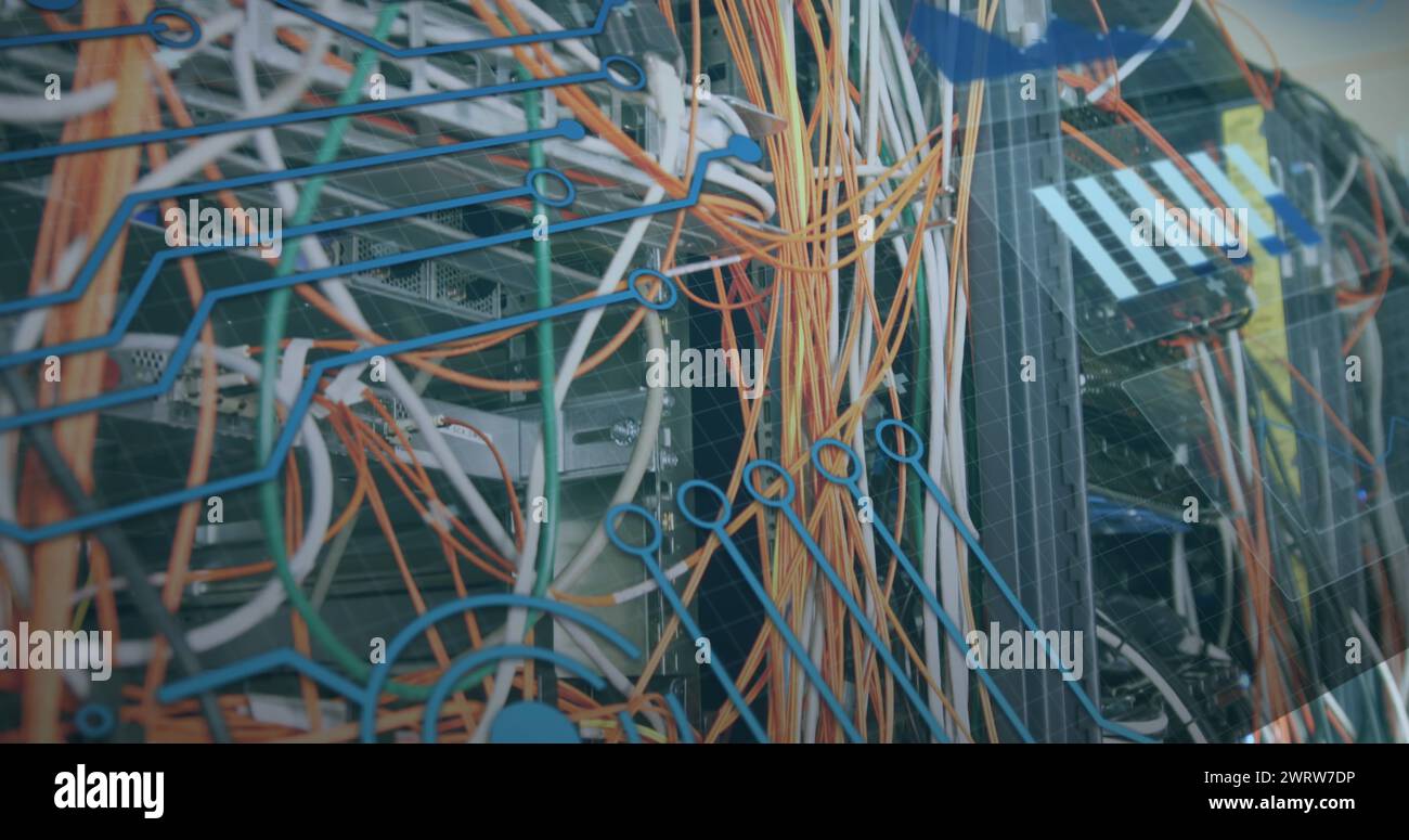 Image of interface with data processing and round scanner over close up ...