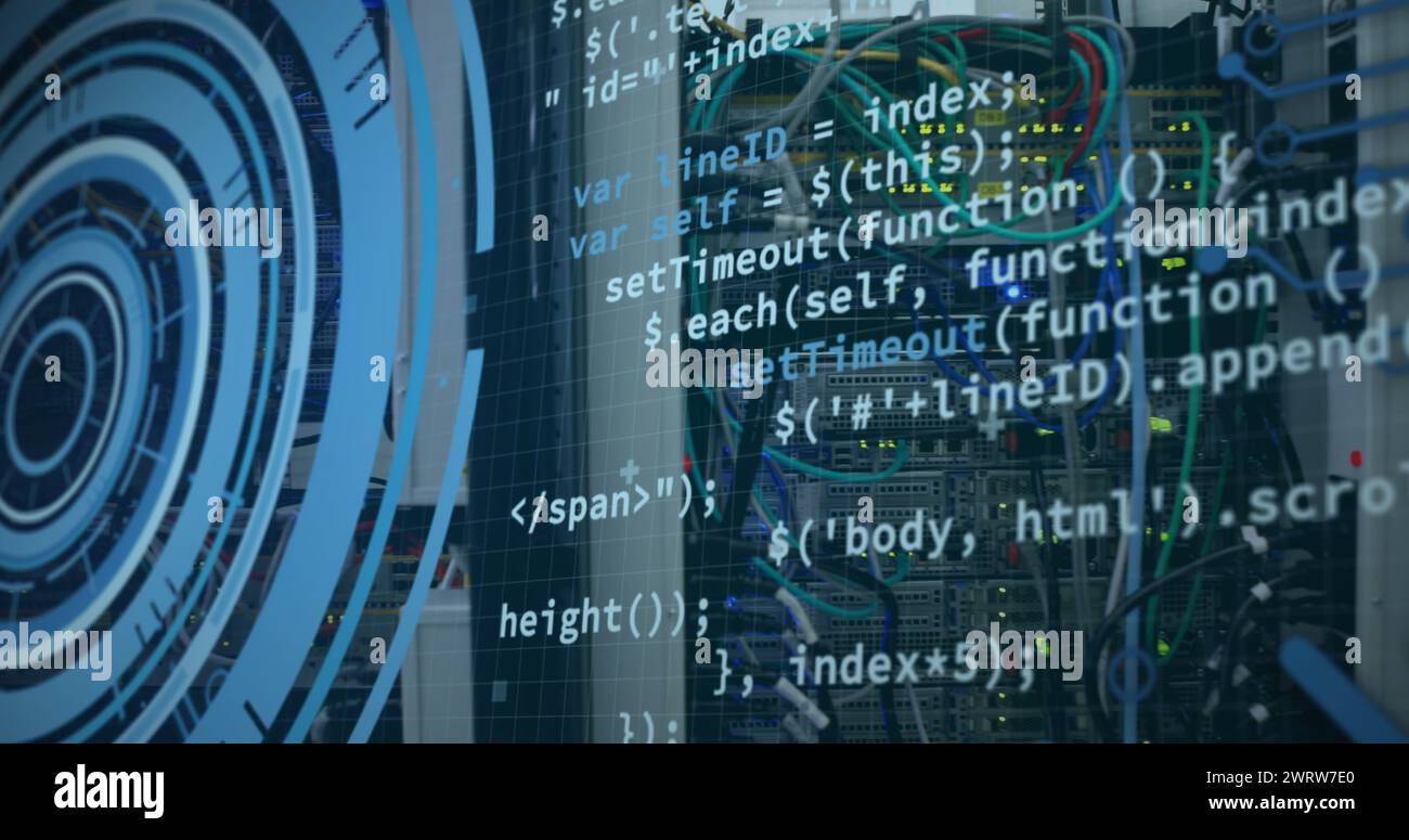 Image of data processing and text over server room Stock Photo - Alamy
