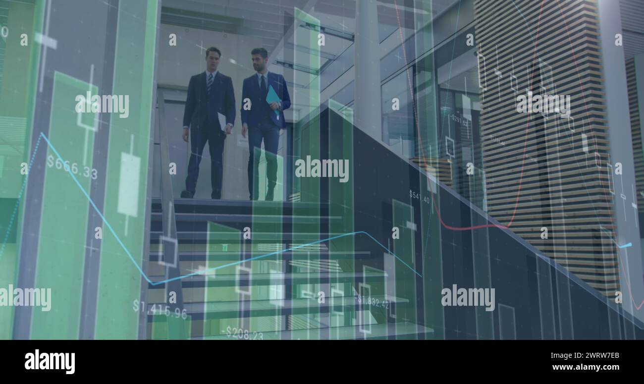 Statistical data processing against two caucasian businessmen walking ...