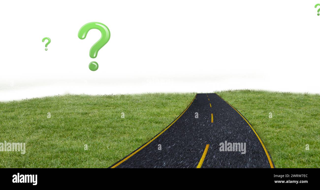 Image of question marks over landscape with road Stock Photo - Alamy