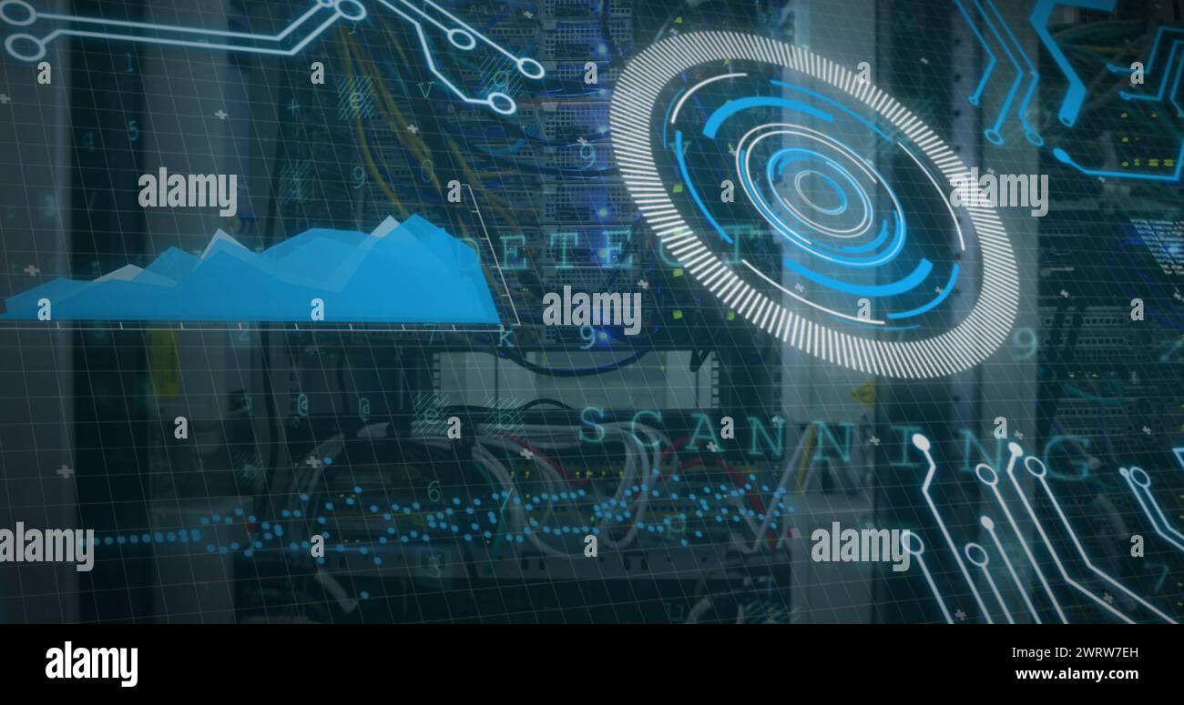 Image of scope scanning and data processing over stock market on black background Stock Photo ...
