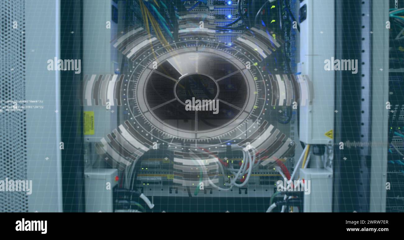 Image of round scanner and data processing and round scanner over close up of a computer server ...