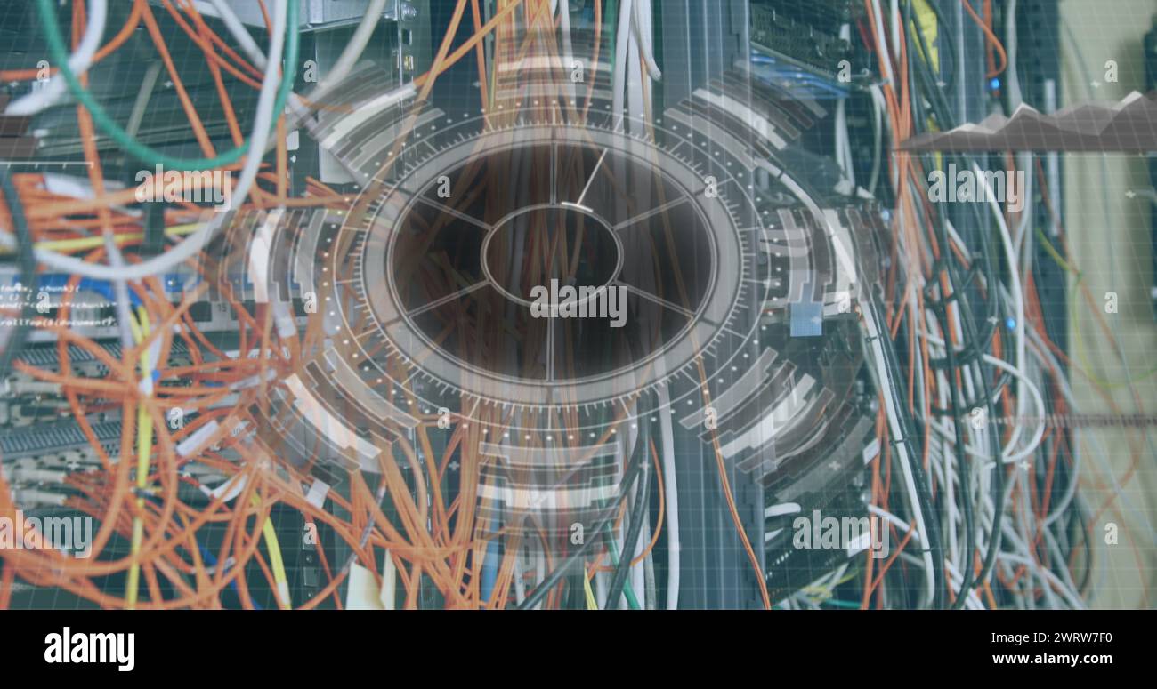 Image of round scanner and data processing and round scanner over close up of a computer server ...