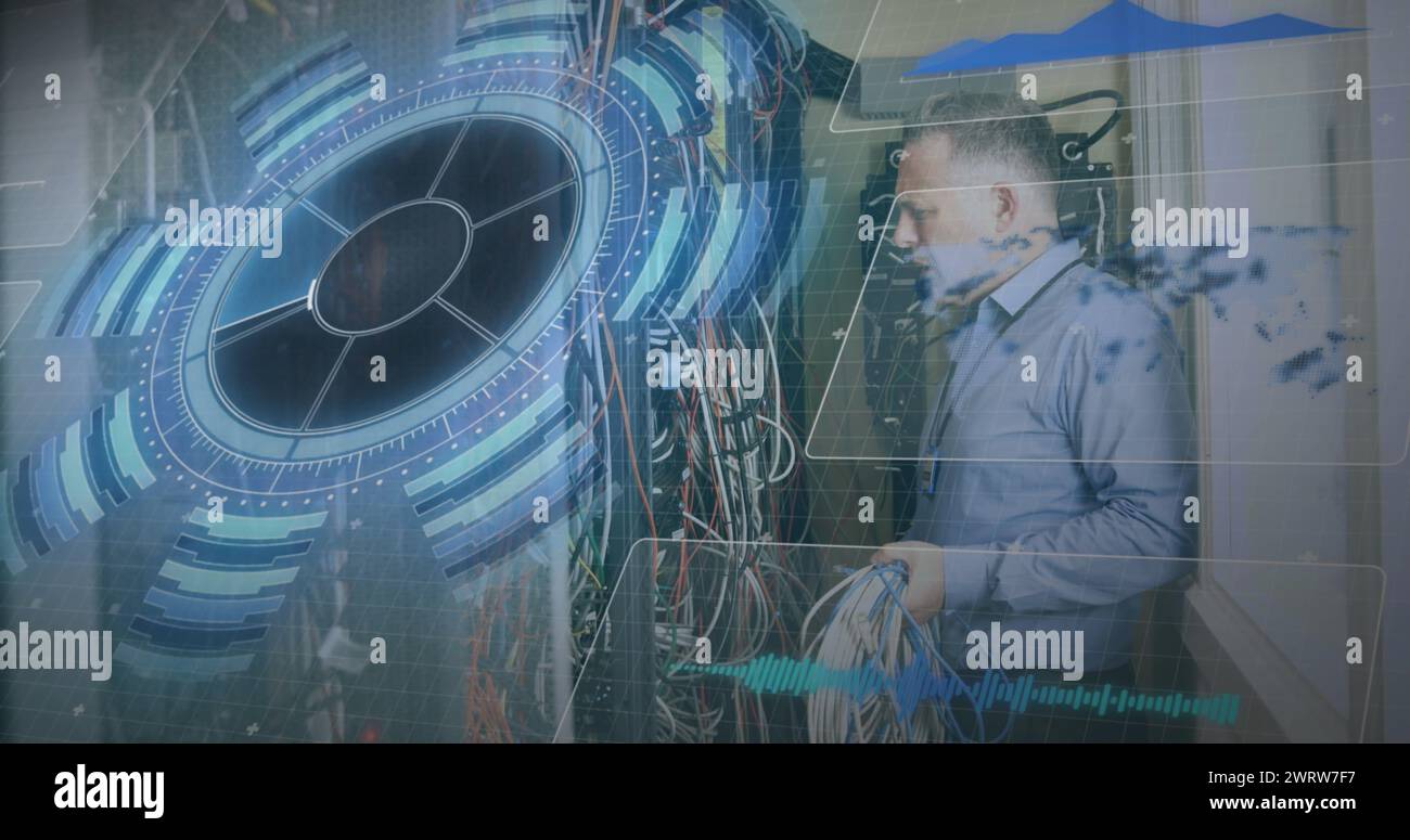 Image Of Interface With Data Processing Over Caucasian Male Engineer Working At Server Room