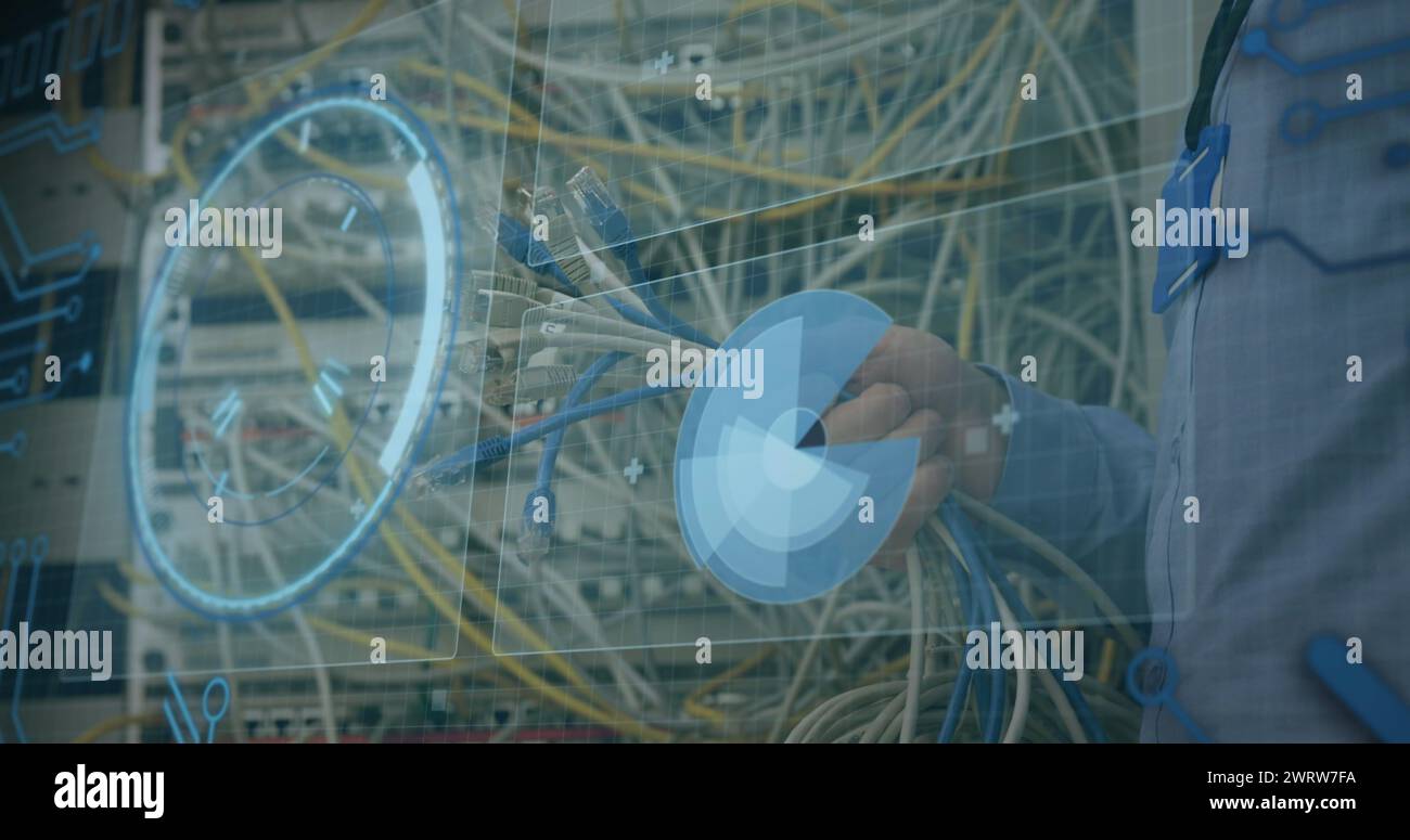Image of data processing over mid section of male engineer holding ...
