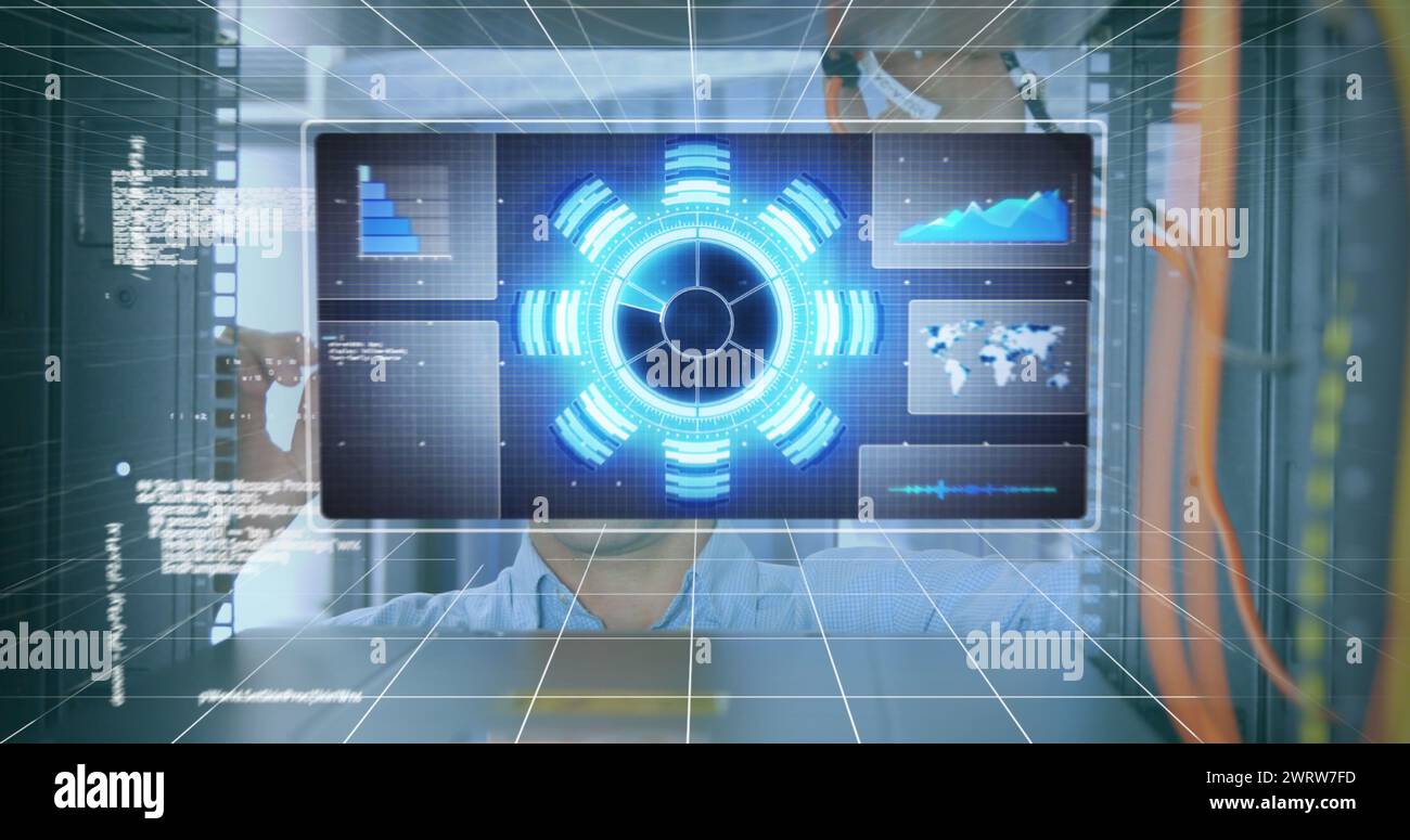 Image of interface with data processing over caucasian male engineer ...