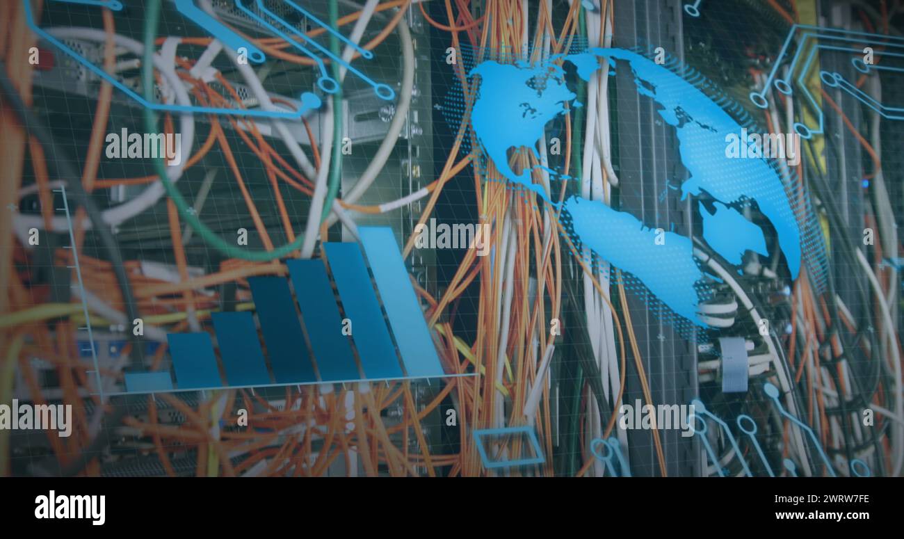 A network of colorful cables is intertwined with a graphic of a world ...