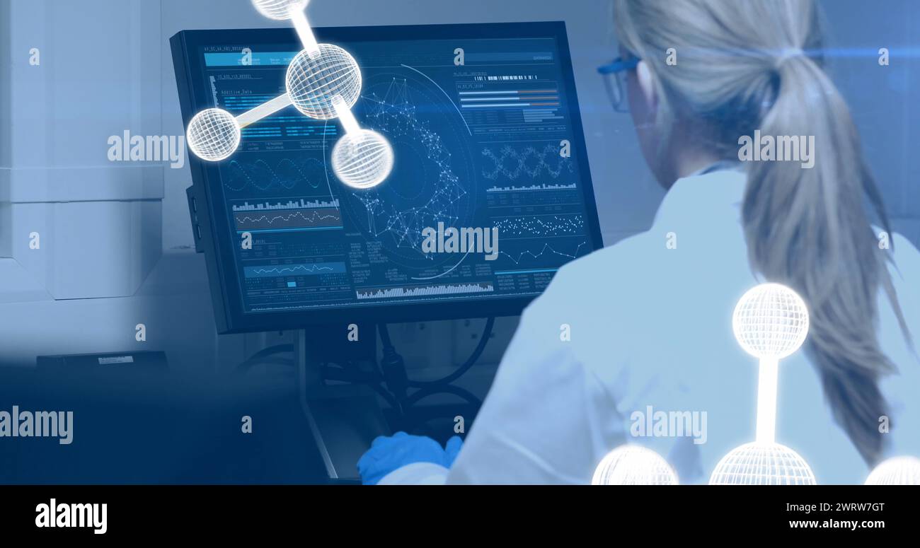 Image of molecules over caucasian female scientists using computer in ...