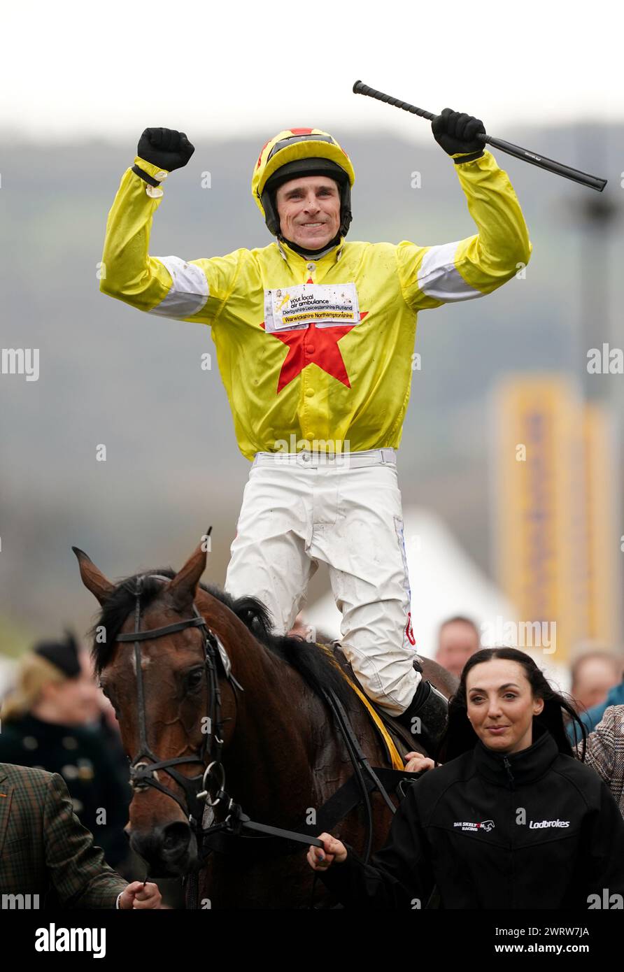 Jockey Harry Skelton celebrates aboard Protektorat after winning the ...