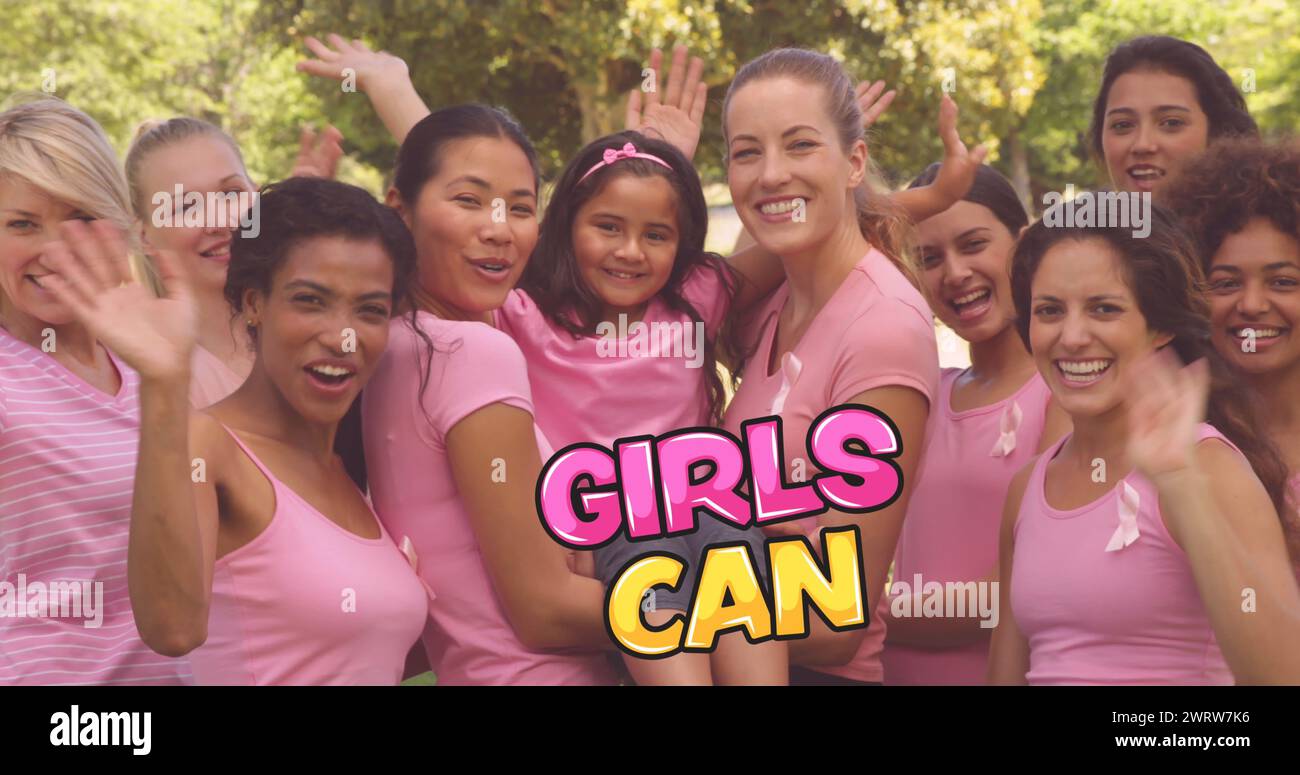 Image of girls can text over female group of friends Stock Photo - Alamy