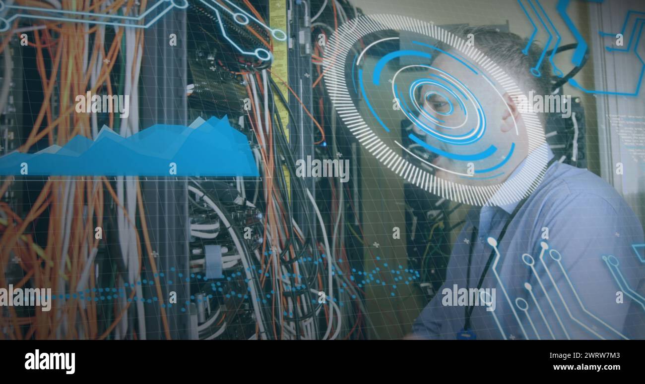 Image of scope scanning and blue wearing vr headset brain over man wearing vr headset Stock ...