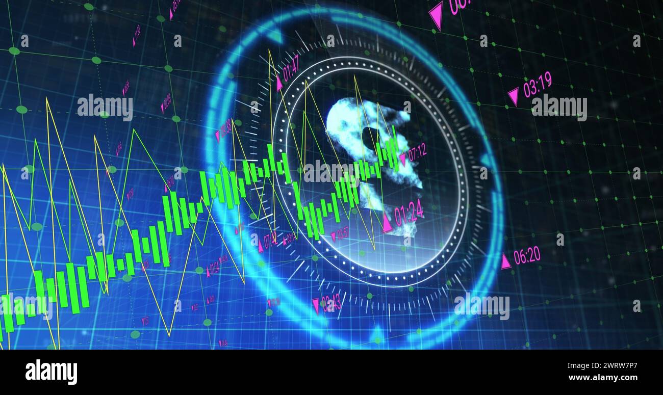 Image of financial data processing over scope scanning with pound symbol on black background ...