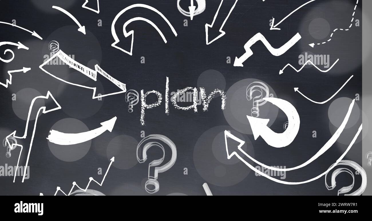 Image of question marks over plan text and arrows Stock Photo - Alamy