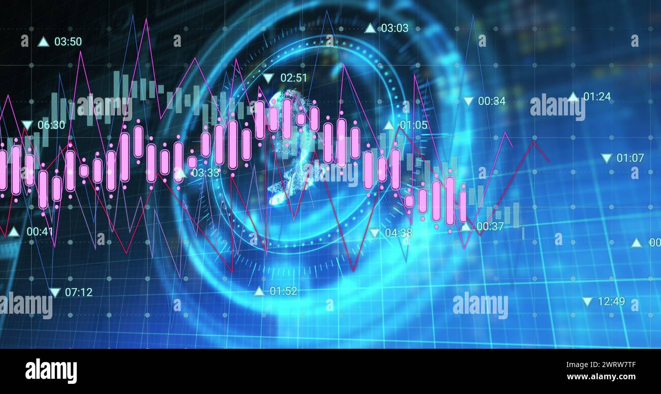 Image of financial data processing over scope scanning with 5g symbol ...