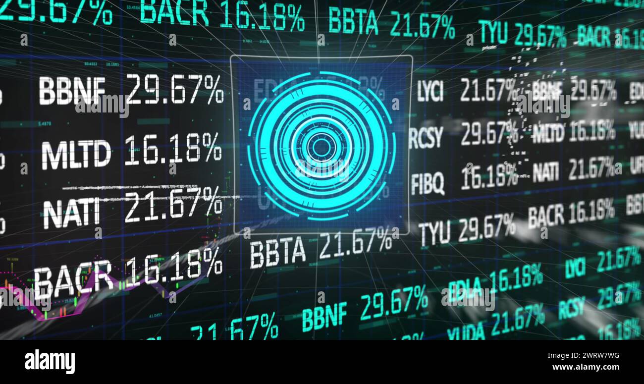Image of financial data processing and scope scanning on black ...