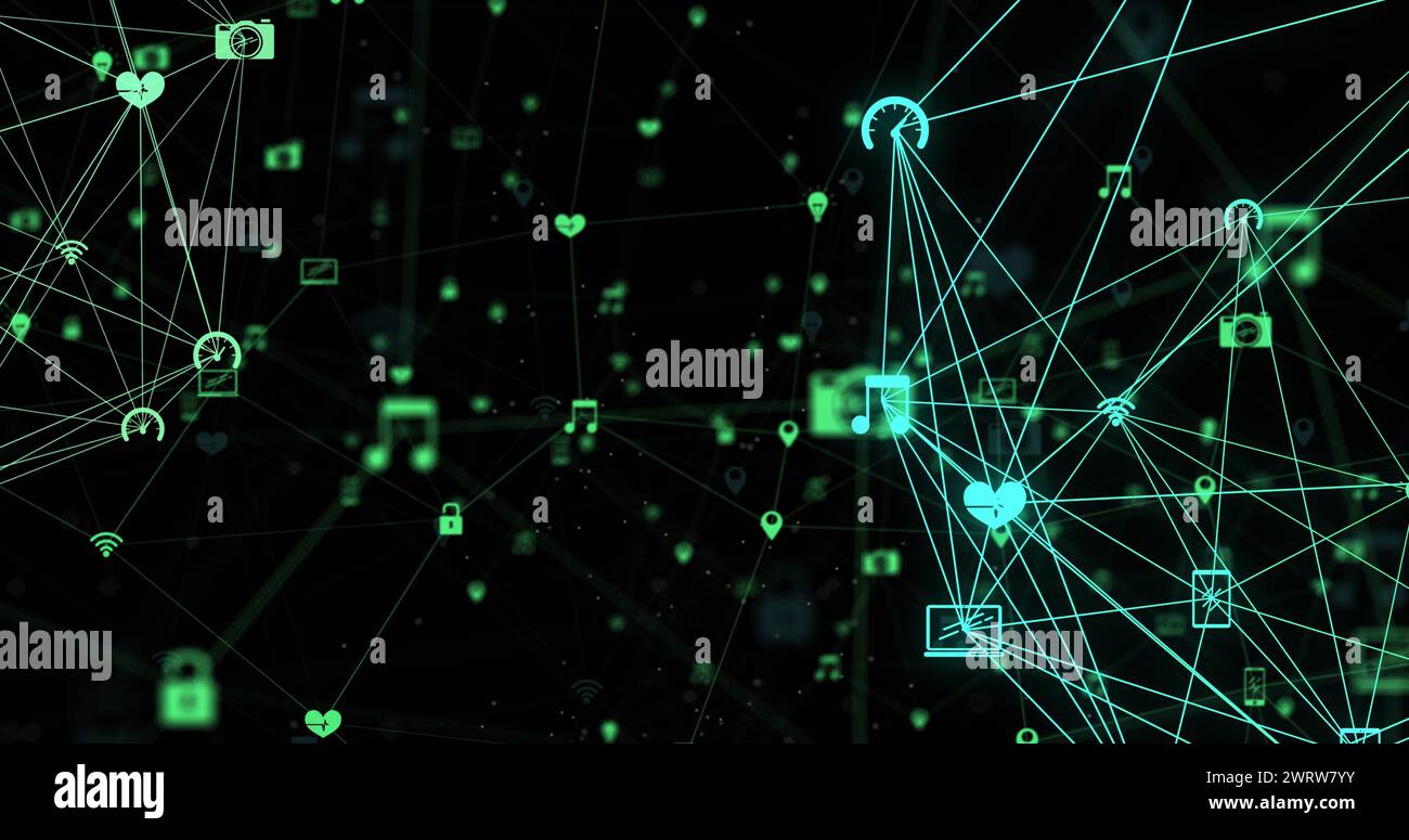 A digital network with connectivity icons on a dark background Stock ...