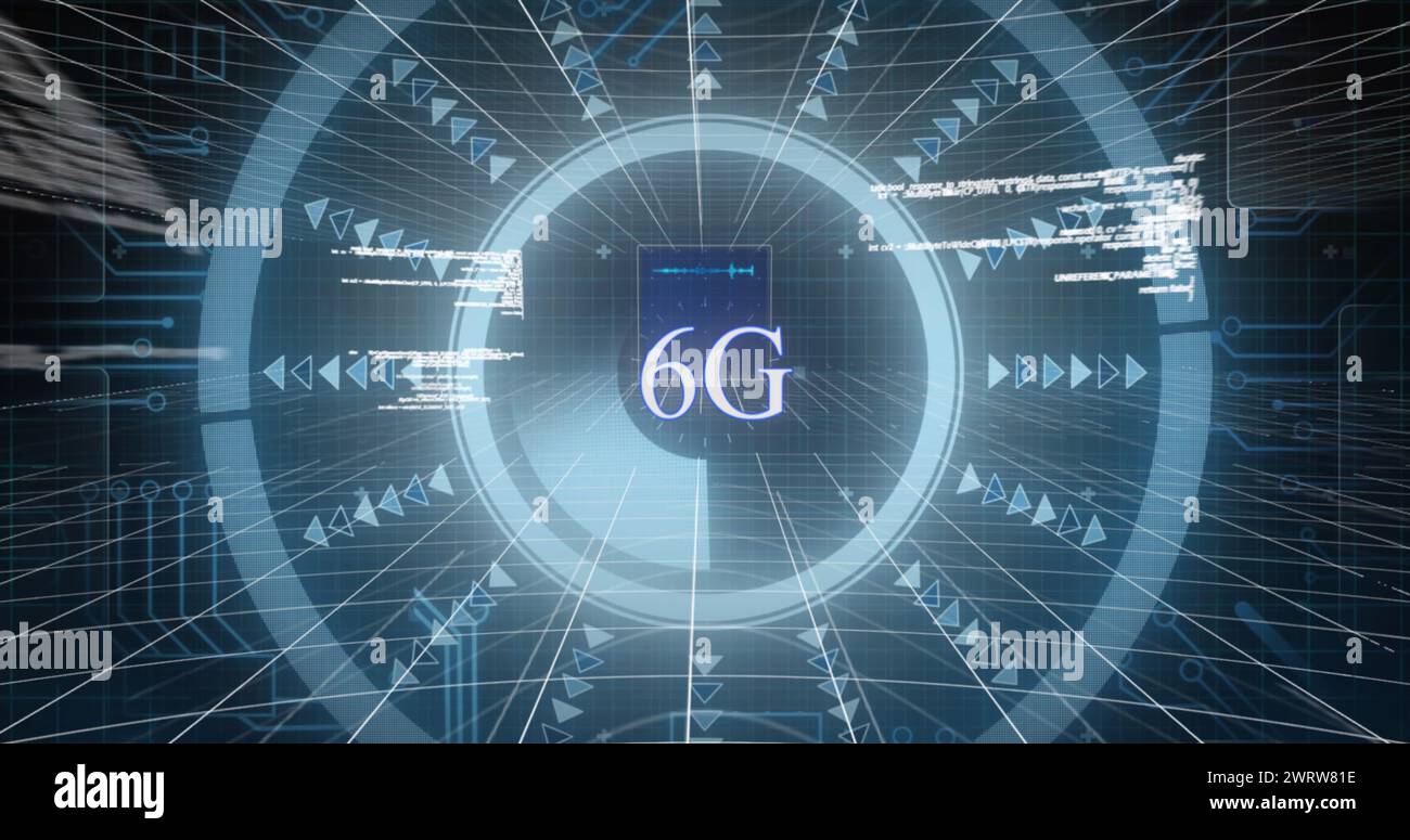Image of 6g text with glowing interface and information moving on black background Stock Photo ...