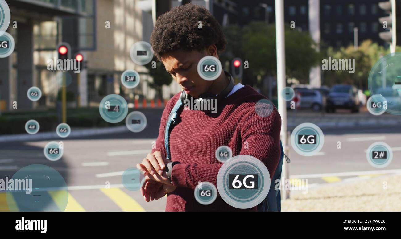 Image of 6g texts over african american man using smartwatch Stock ...