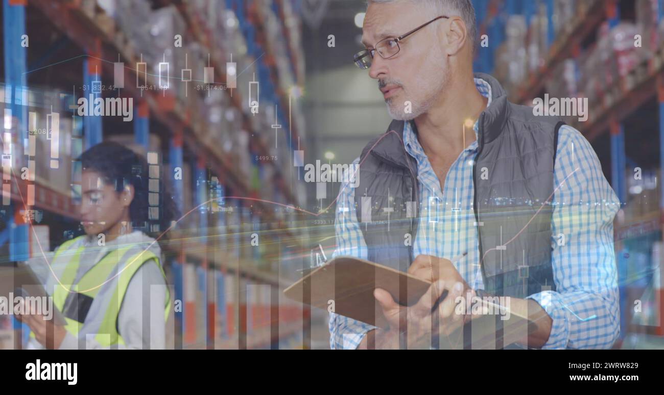 Image of data processing over people working in warehouse Stock Photo ...