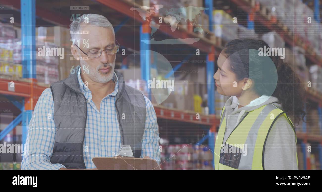 Image of data processing over people working in warehouse Stock Photo ...