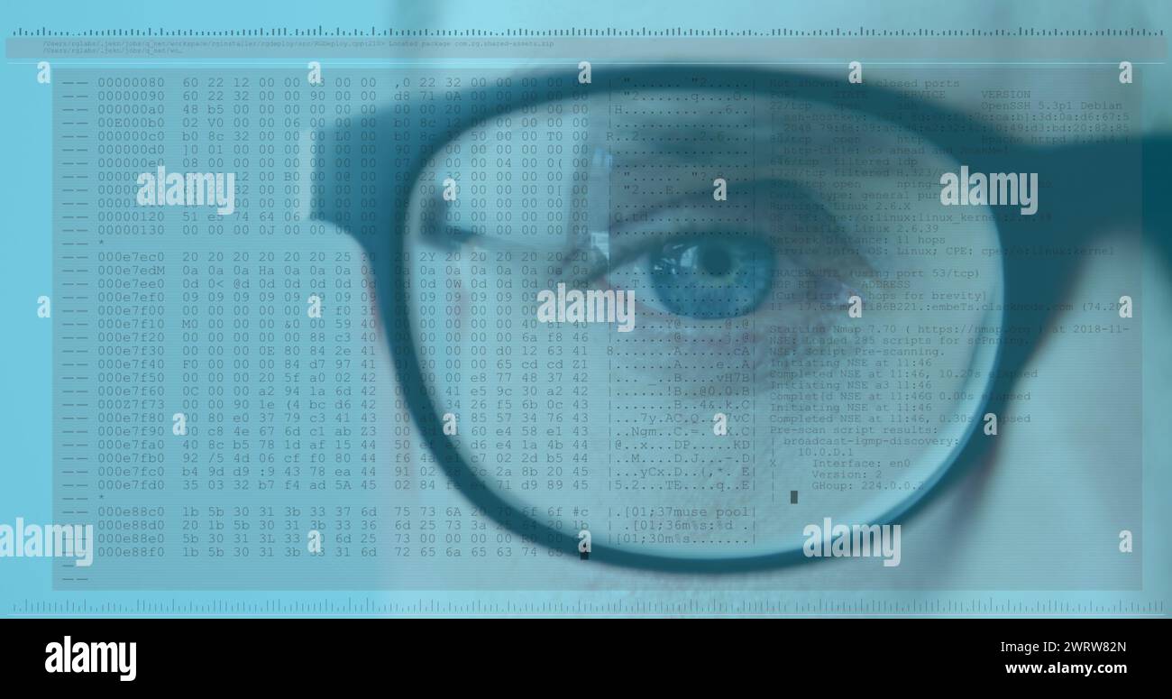 Image of blinking eye of man in glasses with interface and fast ...