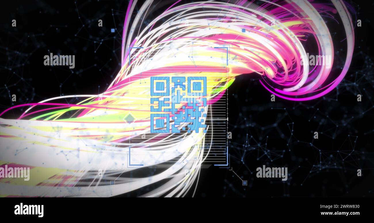 Image of wavy lights and qr code on black background. Colour, shape ...